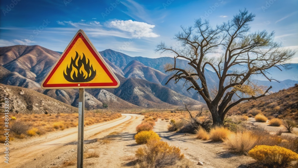 Dry scrublands with sparse trees surround a rustic roadside warning ...