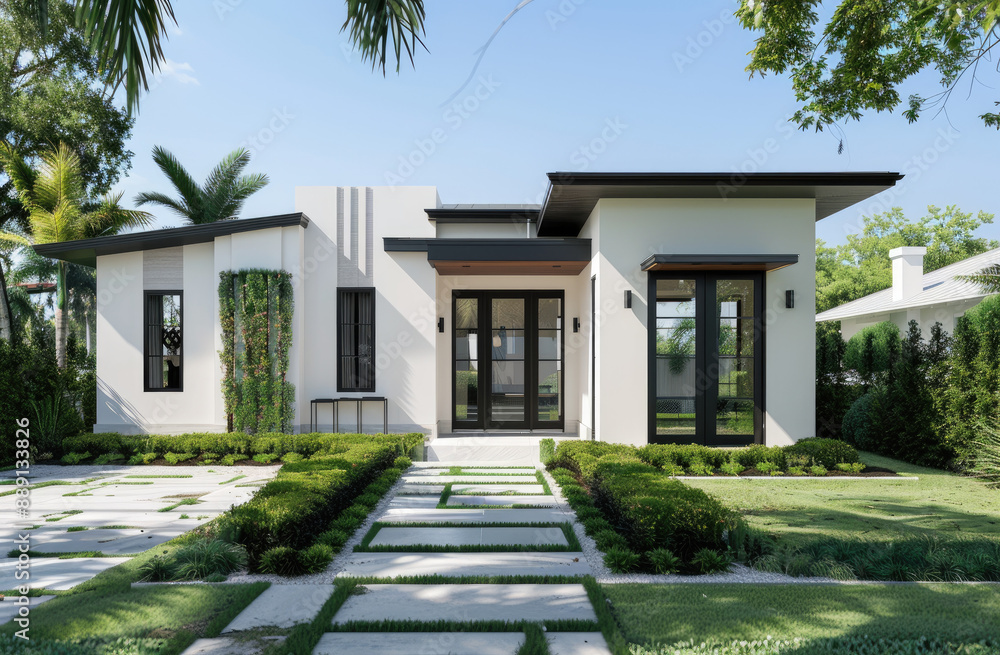 the front view of an all white one story bungalow in Miami, with green ...