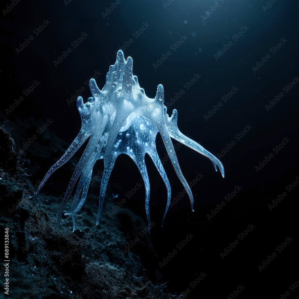 Alien-like sea creatures in a deep ocean trench, mysterious marine ...