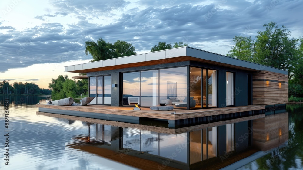 A modern boathouse floating on a calm lake, with large glass doors ...