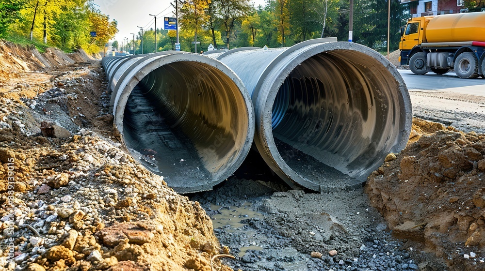 Large concrete pipes installation for underground utility works Stock ...