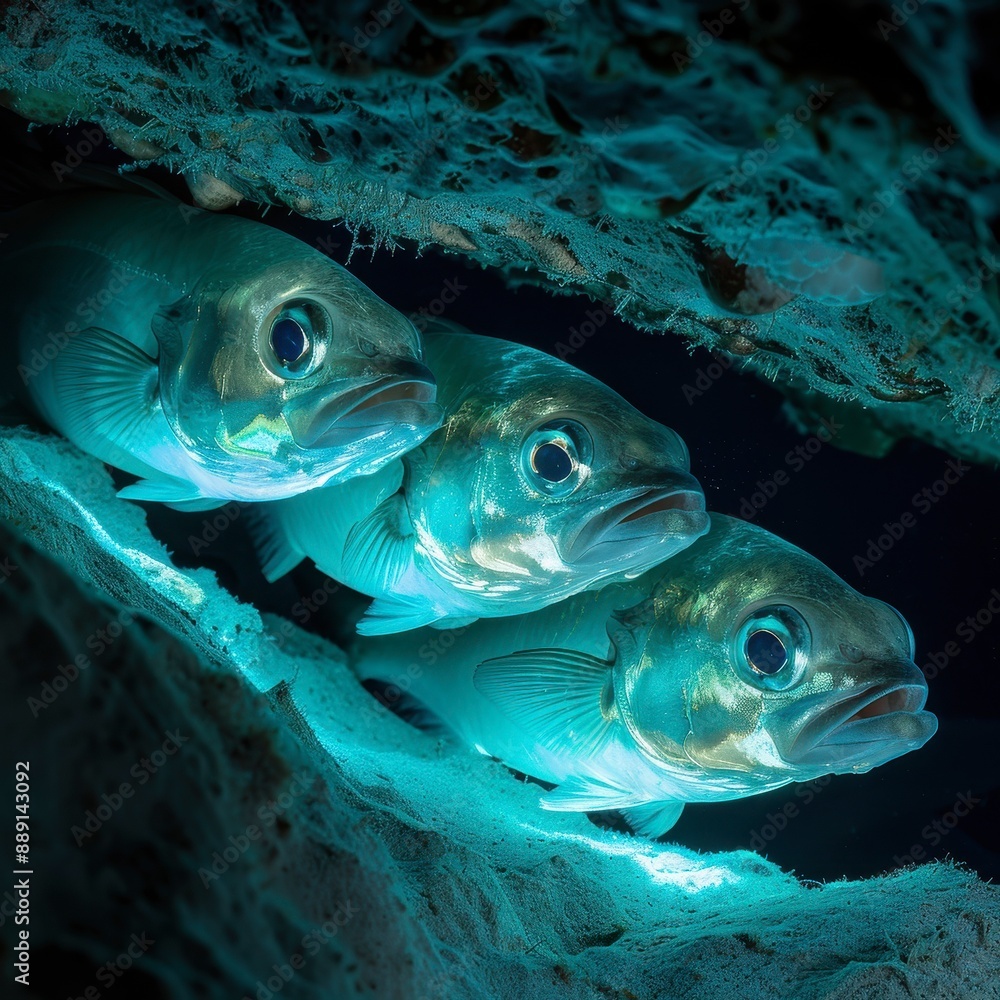 Bioluminescent fish illuminating a dark trench, mysterious deep-sea ...