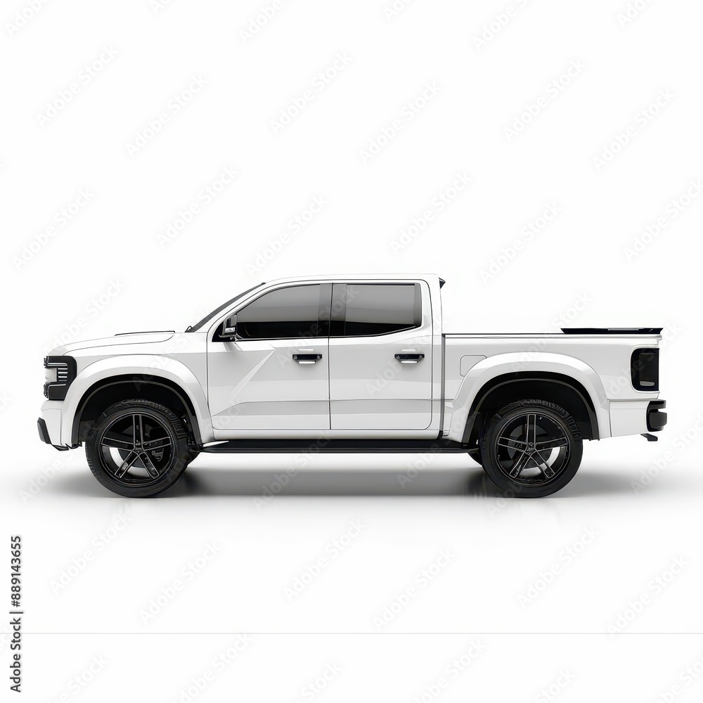 sleek white pickup truck in profile view against a pure white ...