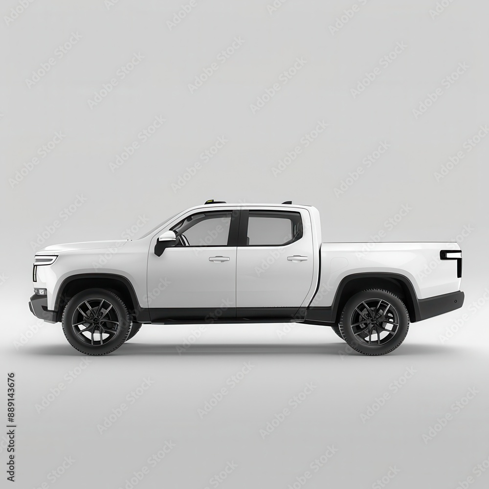 sleek white pickup truck in profile view against a pure white ...