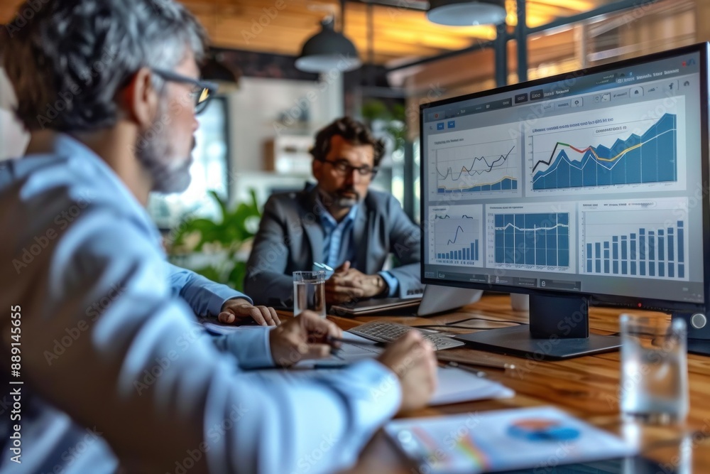Financial analyst presenting a financial forecast to colleagues during ...