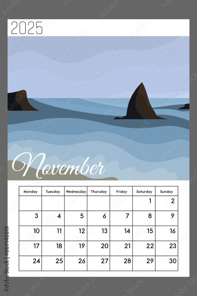Monthly planner template for November 2025. Calendar grid for notes ...