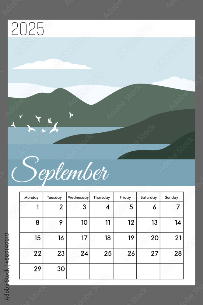 Monthly planner template for September 2025. Calendar grid for notes ...
