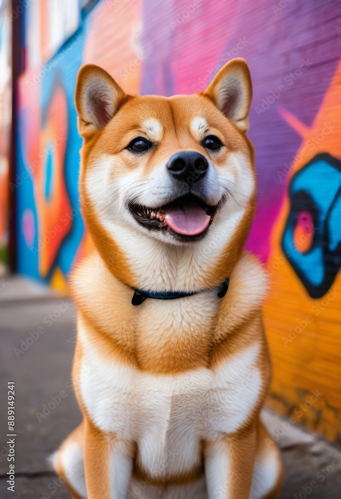 Shiba Inu posing in front of a vibrant street mural with bold colors ...