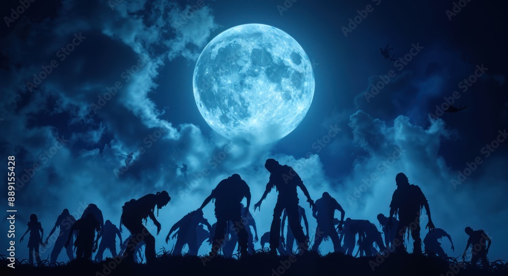 halloween background with zombie silhouettes in fog and full moon in ...