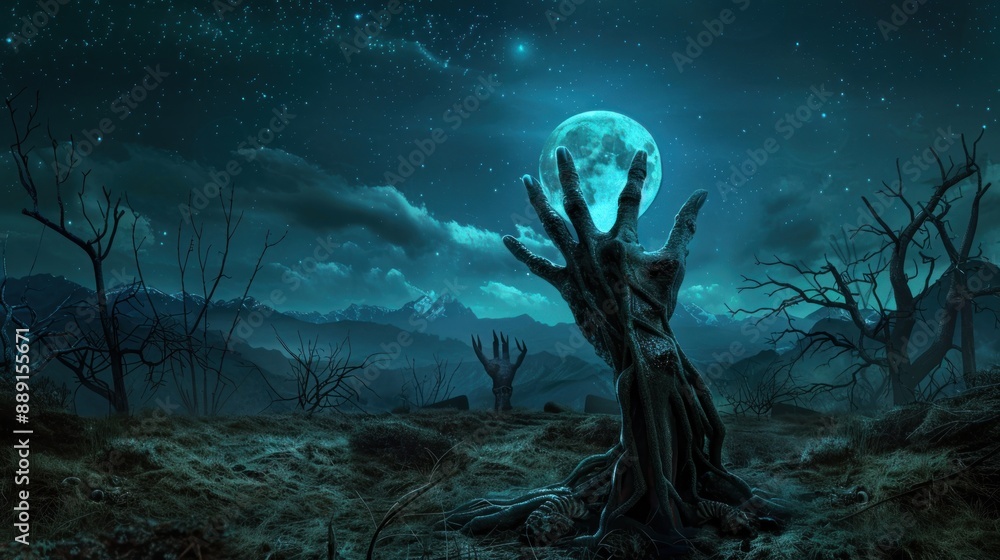 zombie hand reaching out of the ground, night sky with full moon and ...