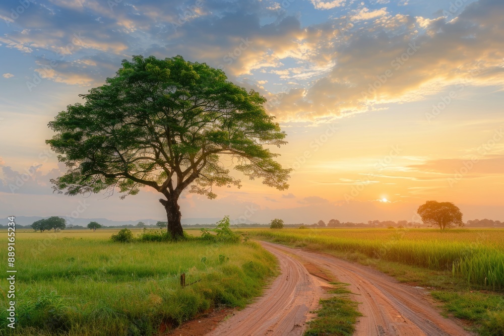 Land Scape. Rural Dusty Road and Big Rain Tree Against Sunset Sky for ...