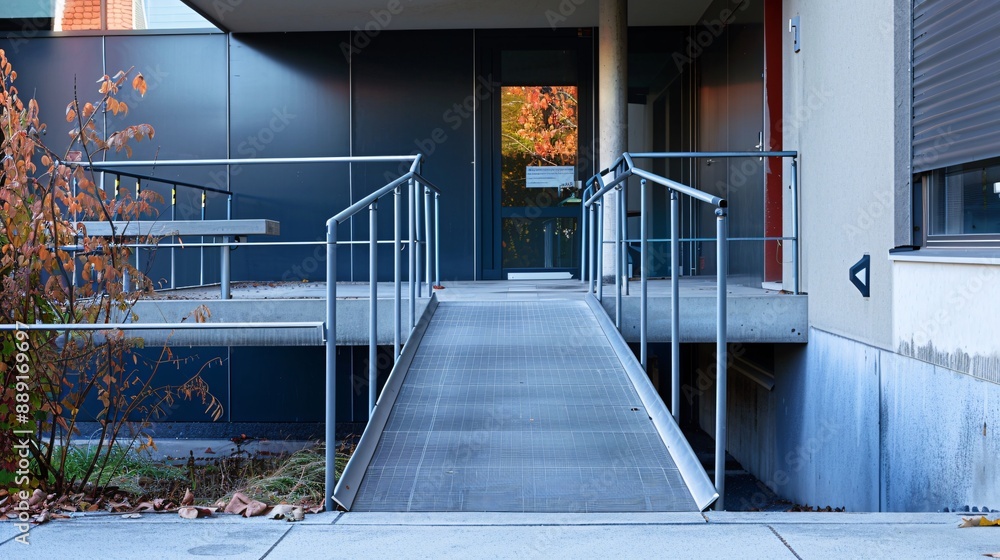 A wheelchair ramp leading to an inaccessible building, highlighting the ...