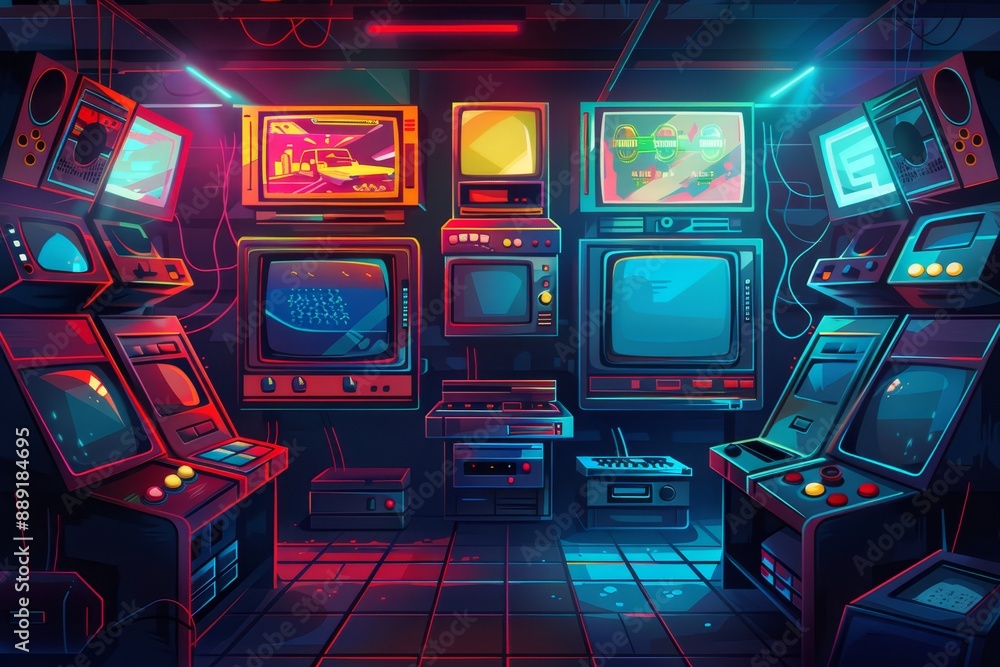 Retro arcade room with neon lights and vintage video game machines, capturing the classic and ...