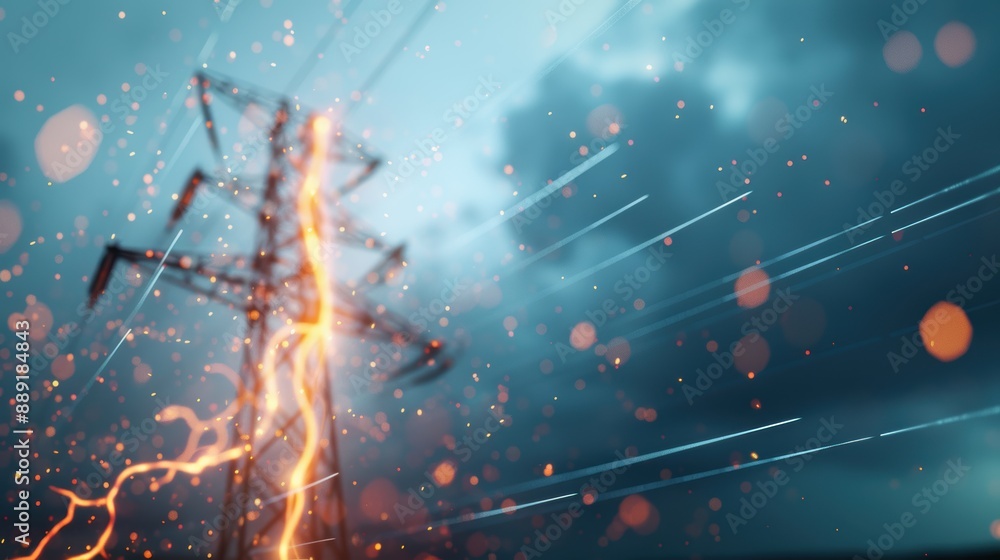 Close up shot of a lightning strike hitting a power line tower, with ...