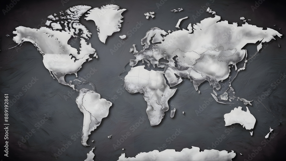 A world map, displaying all the continents in a grayscale color. The ...