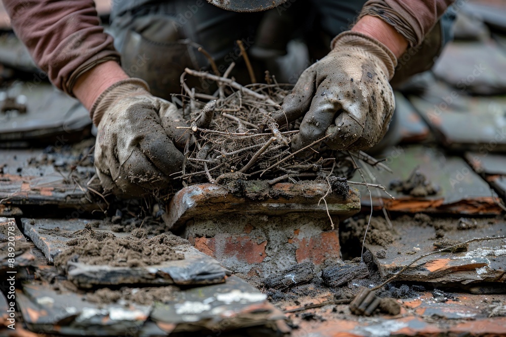 Chimney sweep removing a bird's nest from a chimney flue, addressing a ...