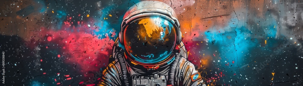 Graffiti astronaut illustration art on a warehouse wall background with ...