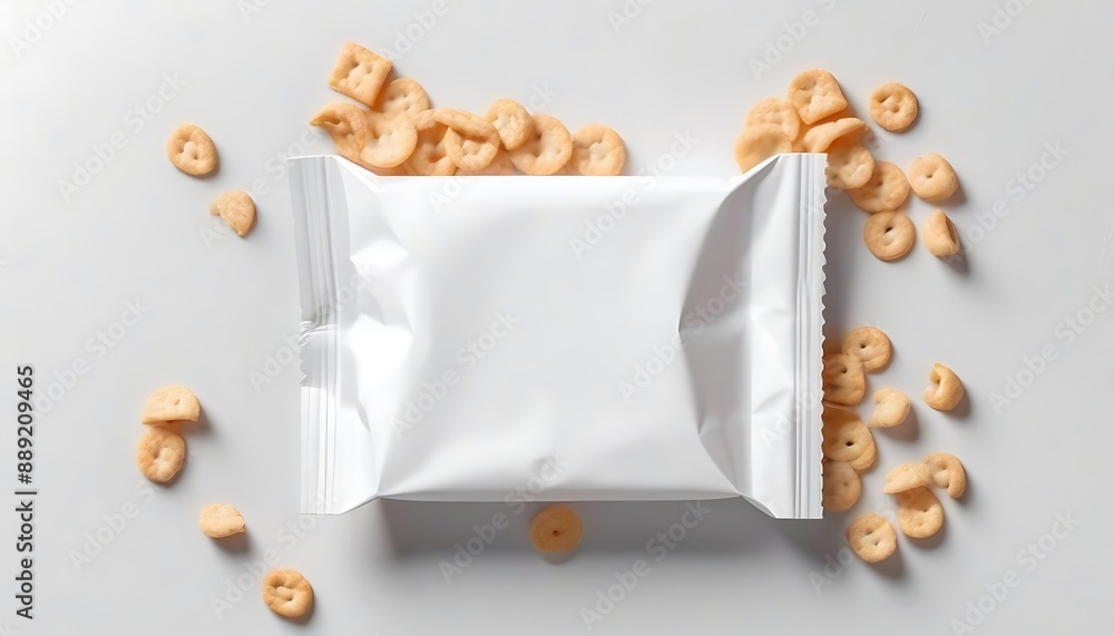 Overhead flat lay view of empty snack packaging white mockup template ...