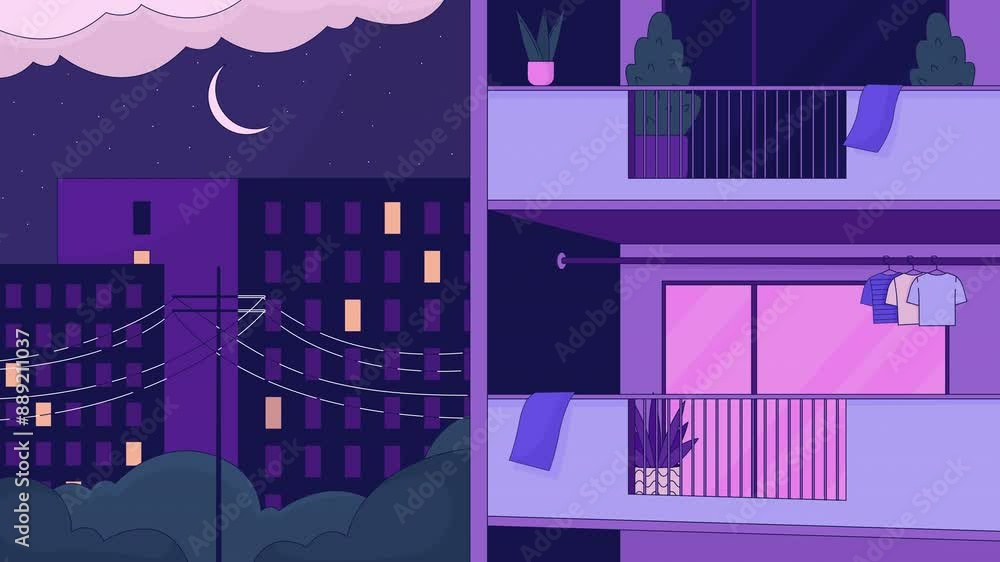 Cozy night apartment building exterior cartoon animation. Neighborhood ...