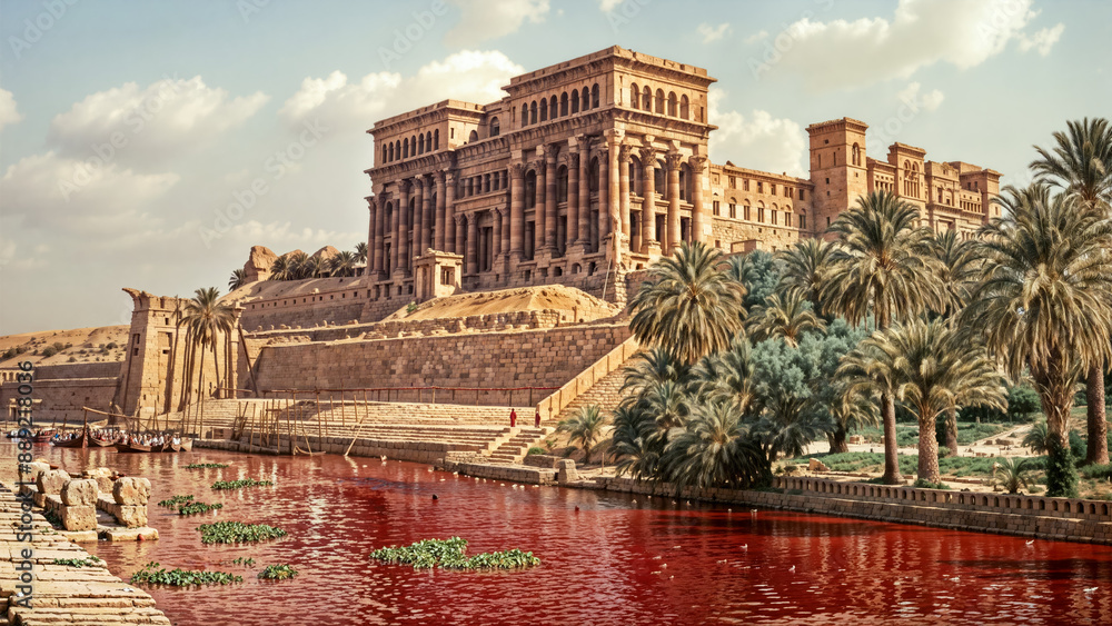 Plagues of Egypt - Ancient Egyptian city with water in Nile river ...
