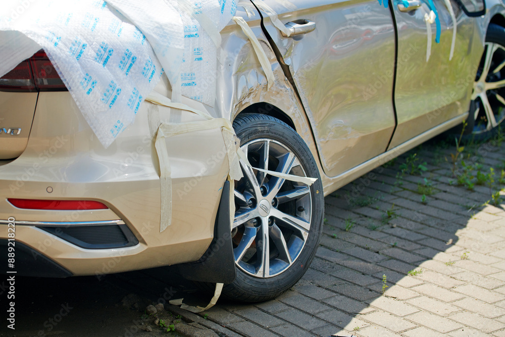 Minsk, Belarus. Jul 17, 2024. Geely Emgrand after road collision, wheel ...