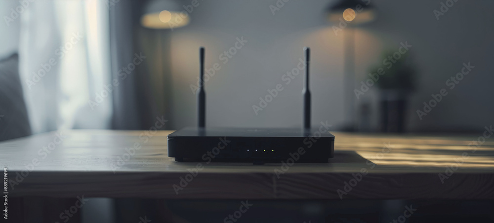 Wi-Fi router on a table in a modern living room, representing ...