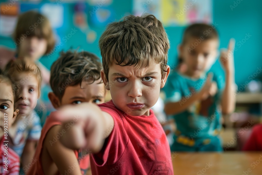 Diverse Group of Children Pointing and Mocking in Classroom ...