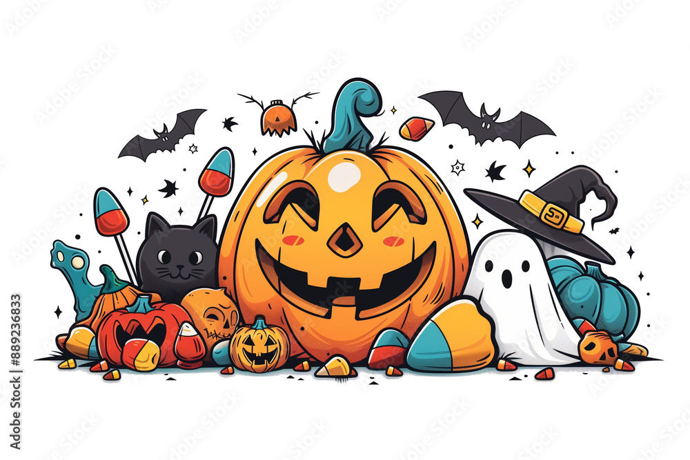 cartoon style illustration of carved pumpkins, black cat, spooky ghost ...