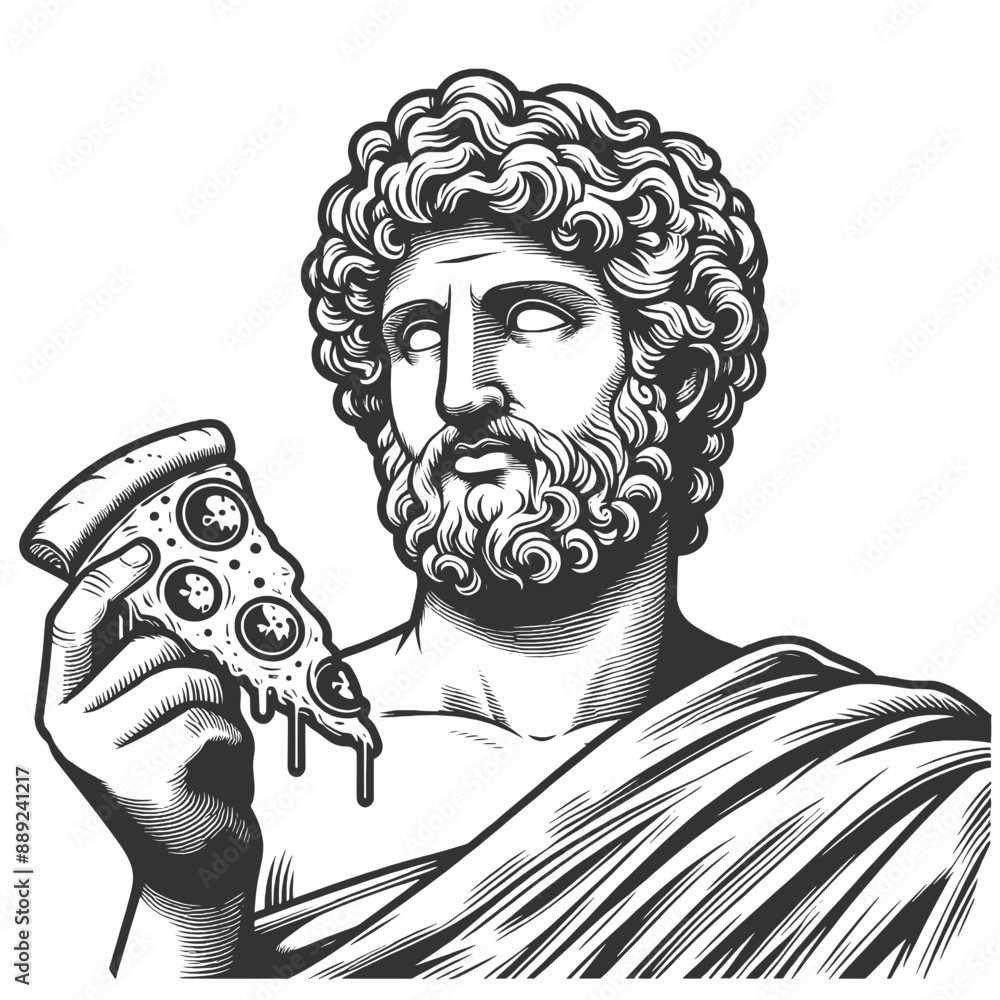 classical Roman Greek statue eating a slice of pizza, ancient art ...