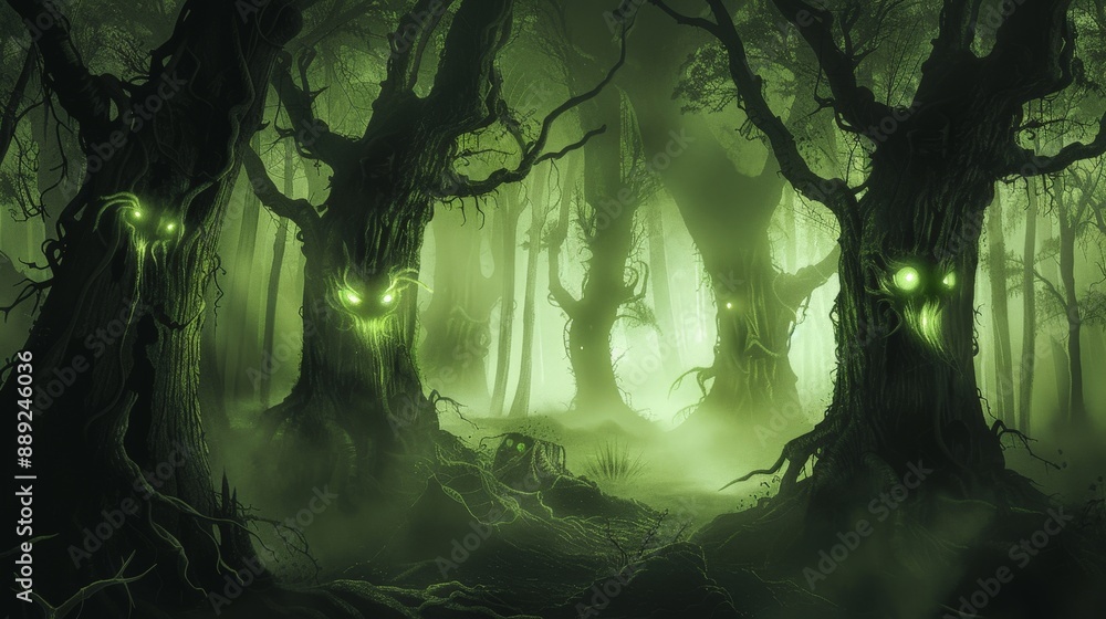 Eerie Spooky Forest with Glowing Eyes - Dark 2D Flat Graphic of Foggy ...