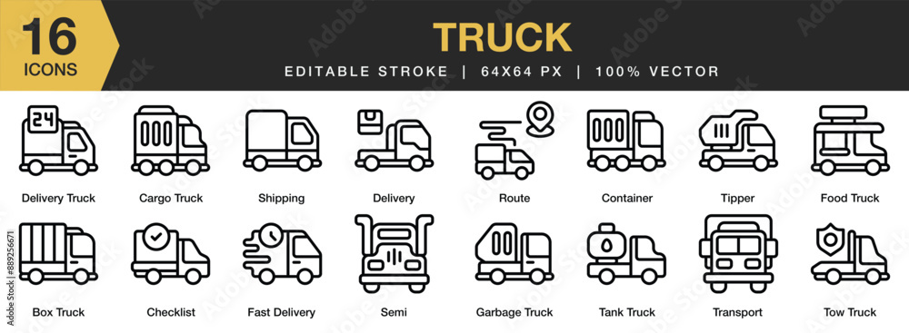 Set of 16 Truck icon set. Editable Stroke Icon Collection. Includes ...