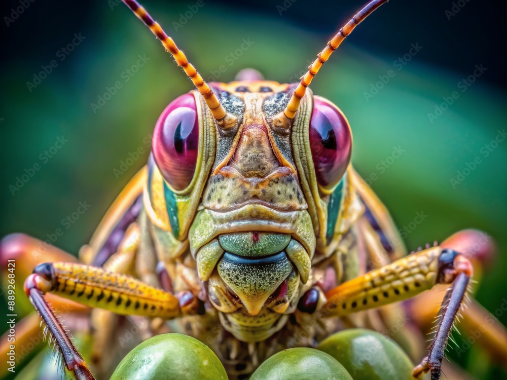 Vibrant macro shot showcasing pale grasshopper's intricate facial ...