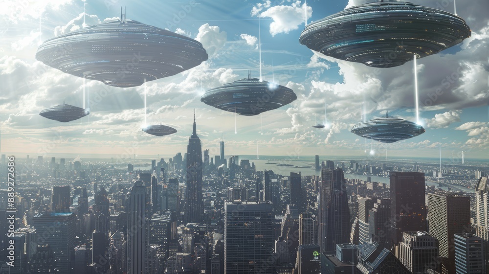 Photo of UFO Armada above the city. Giant alien spaceships all over the ...