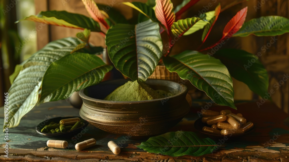 Kratom leaf capsule (Mitragyna speciosa) wood with powder and tea drink ...