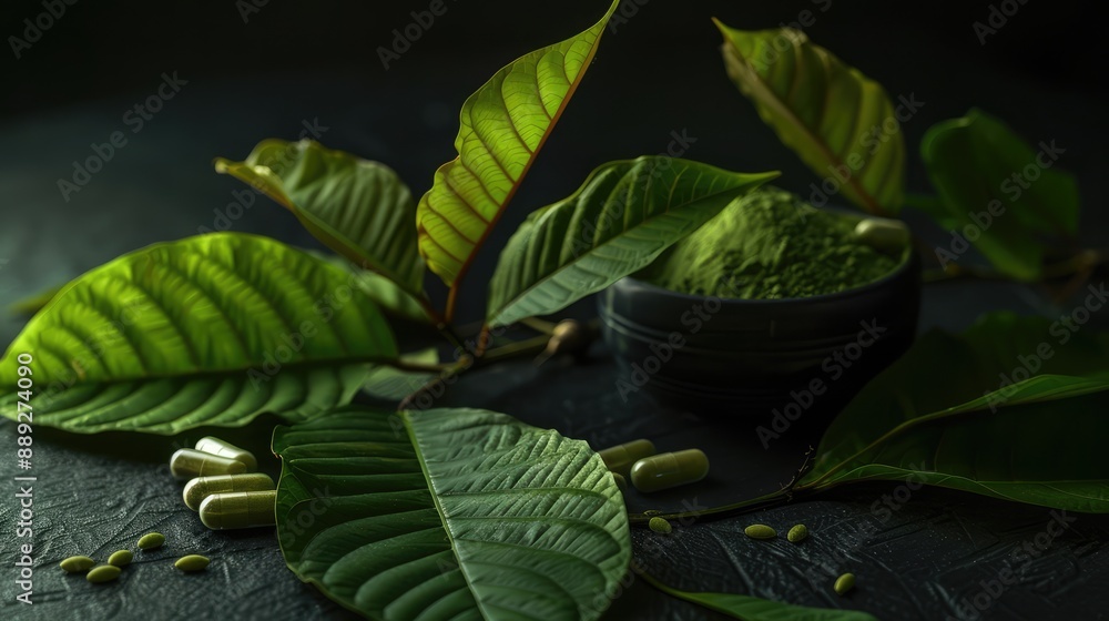 Kratom leaf capsule (Mitragyna speciosa) wood with powder and tea drink Mitragynine . Kratom ...