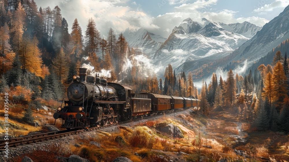 ancient steam powered train Narrow gauge railway in the mountains in ...