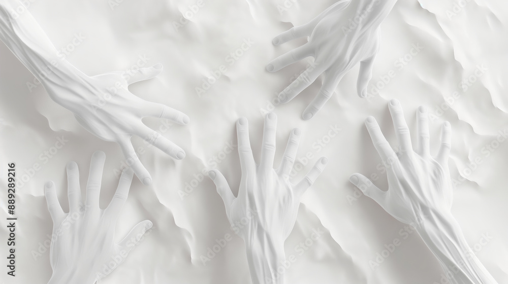 Ghostly white hands emerge from a textured background, creating an ...