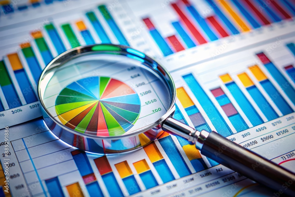 Vibrant diagrams and colorful charts on printed business reports ...