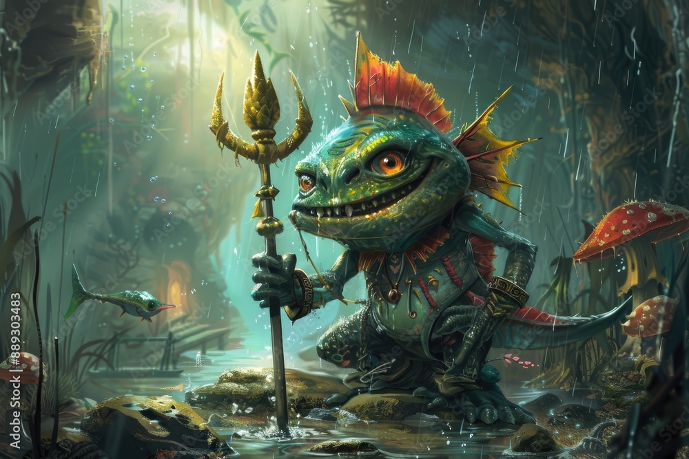 murloc, fishy skin, murloc lives in water, crocodile eyes, insane huge ...