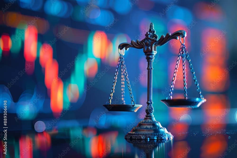 Stock market graph with scales of justice in focus, aged bronze scale ...
