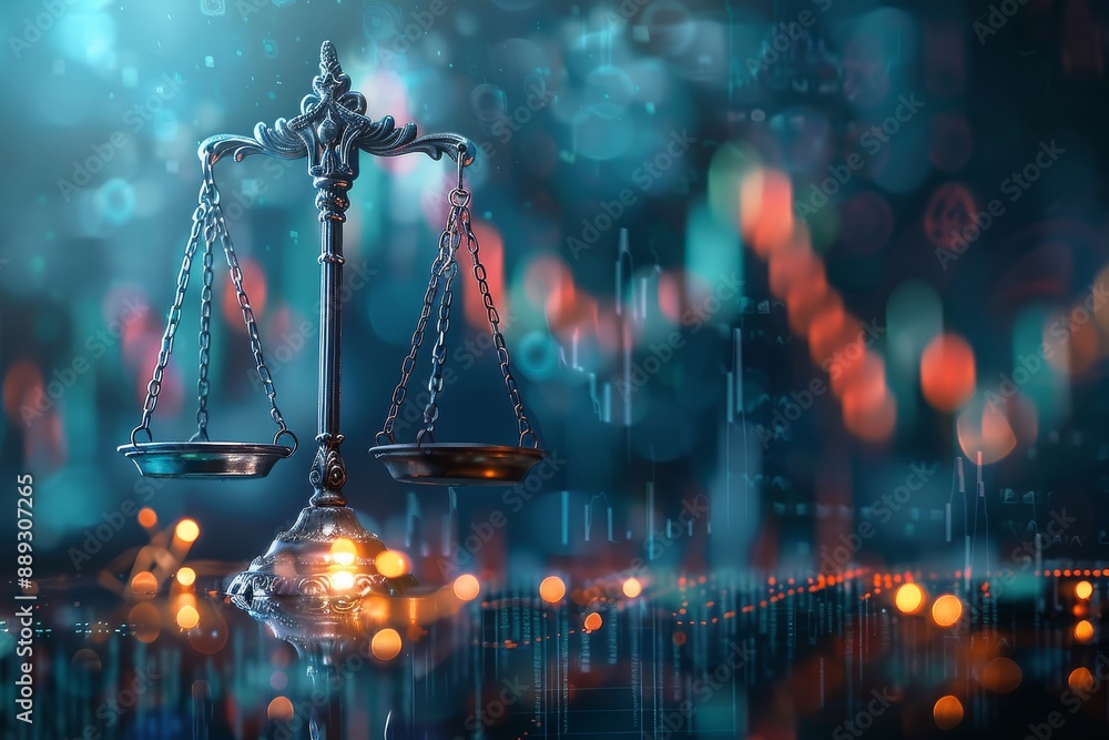 Stock market graph with scales of justice in focus, aged bronze scale ...