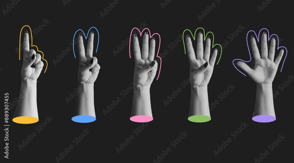 Set of trendy halftone hands collage. Retro halftone elements. Hands ...