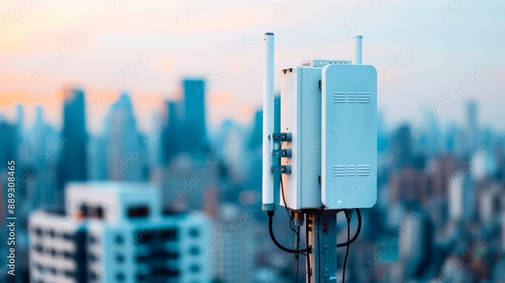 A rooftop scene featuring a sophisticated antenna system broadcasting ...