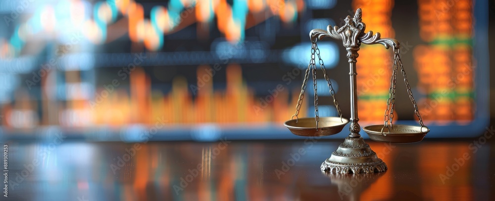 Stock market graph with scales of justice in focus, aged bronze scale ...
