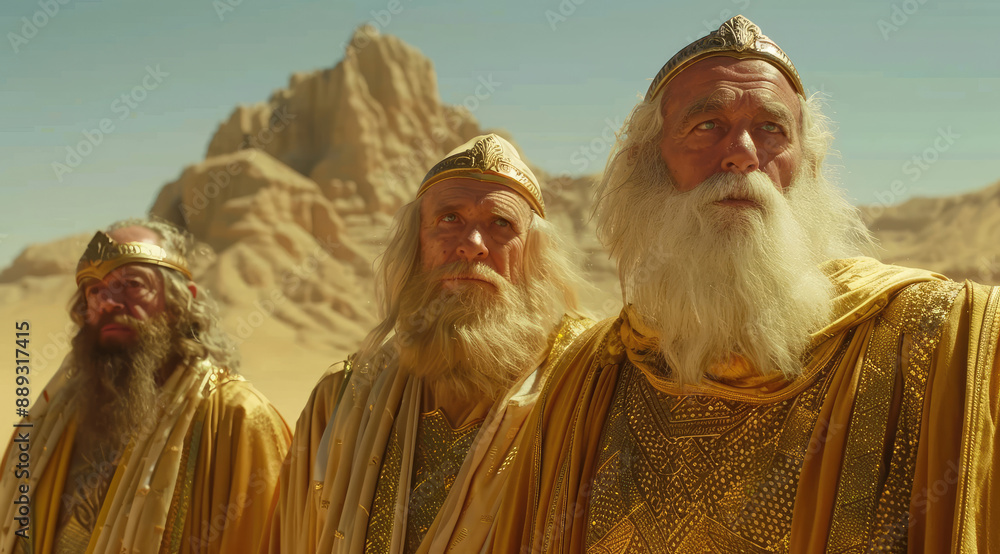 three kings, the king in front is old and has a long white beard ...