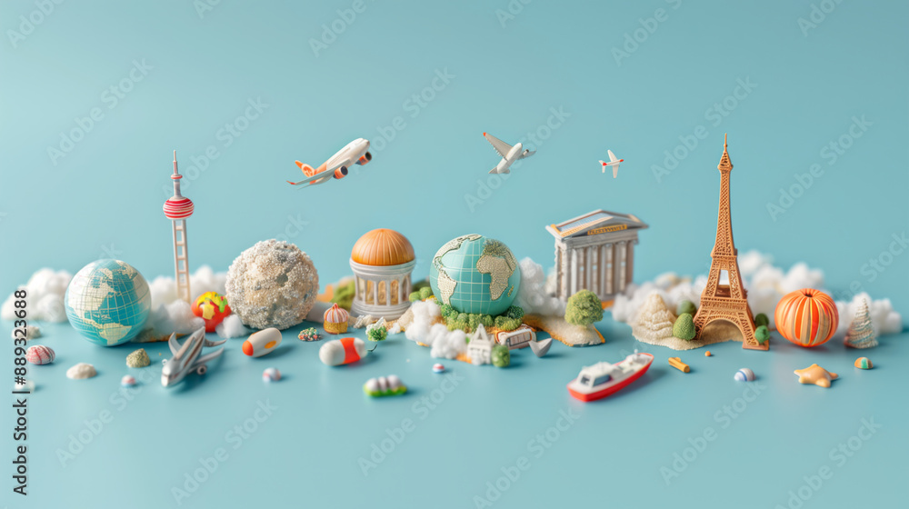A cute clay world made of different travel icons, like an airplane and ...