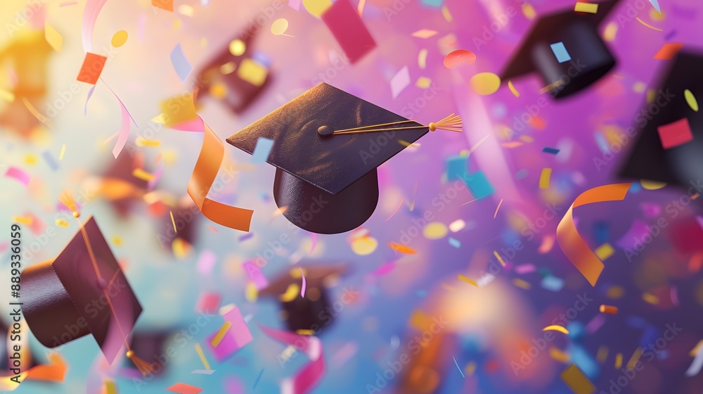 Graduation. Transparent background with realistic flying black degree ...