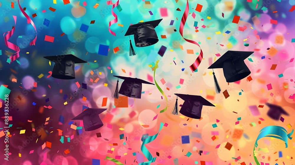 Graduation. Transparent background with realistic flying black degree ...
