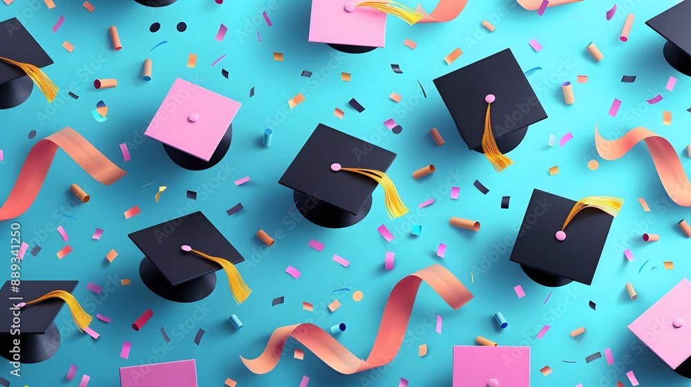 Graduation. Transparent background with realistic flying black degree ...