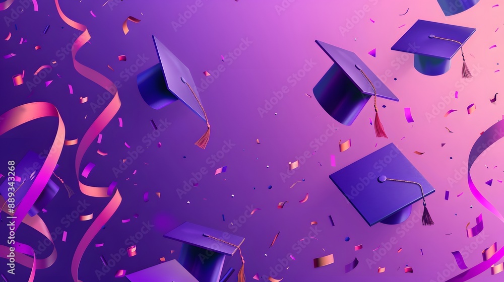 Graduation. Transparent background with realistic flying black degree ...